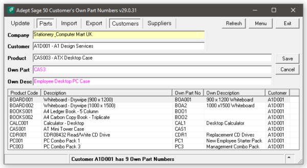 Customer & Supplier Part Numbers - Product Codes & Description