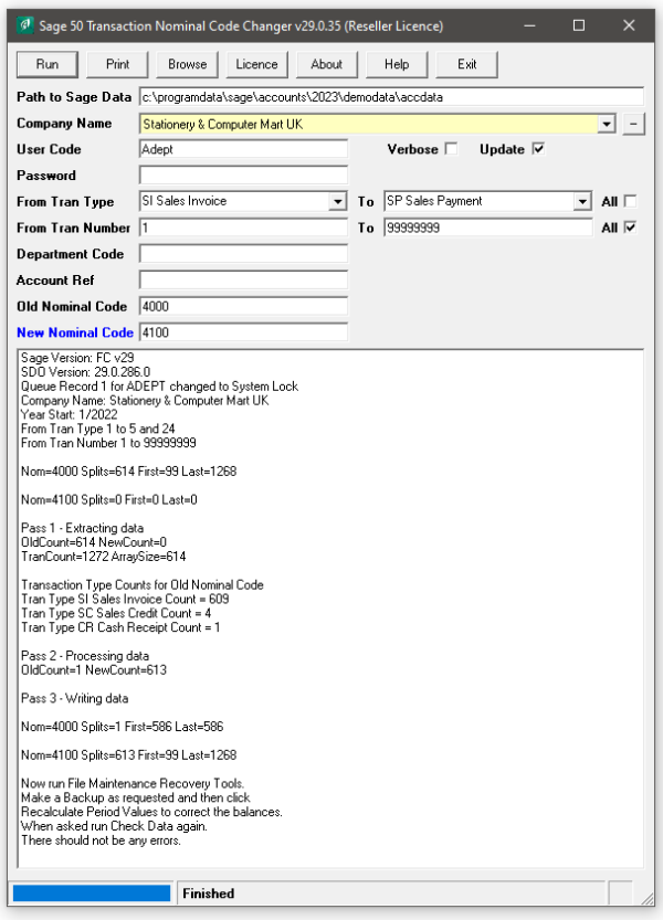 Change Nominal Codes in Sage - Transaction Nominal Changer